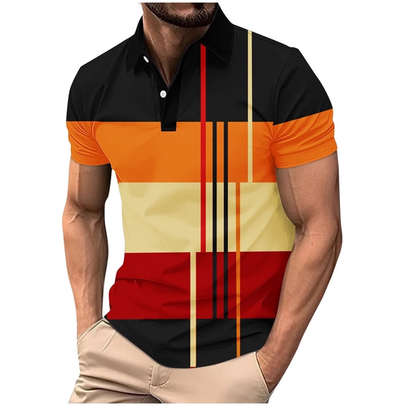 Generic Mens Casual Polo Shirts Casual Button Color Block Stripes Shirt ...