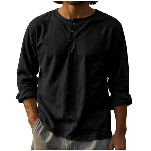 Generic Mens Cotton Linen Henley Shirts Fashion Long Sleeve Crewneck T ...