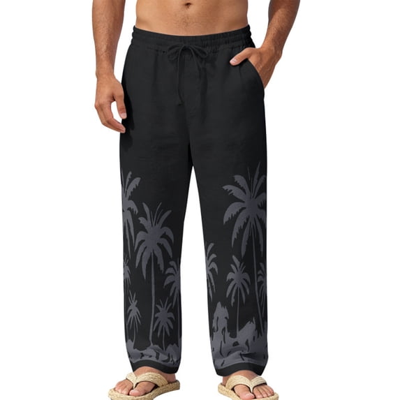 Generic Mens Cotton Linen Pants Hawaii Coconut Printed Elastic Waist ...