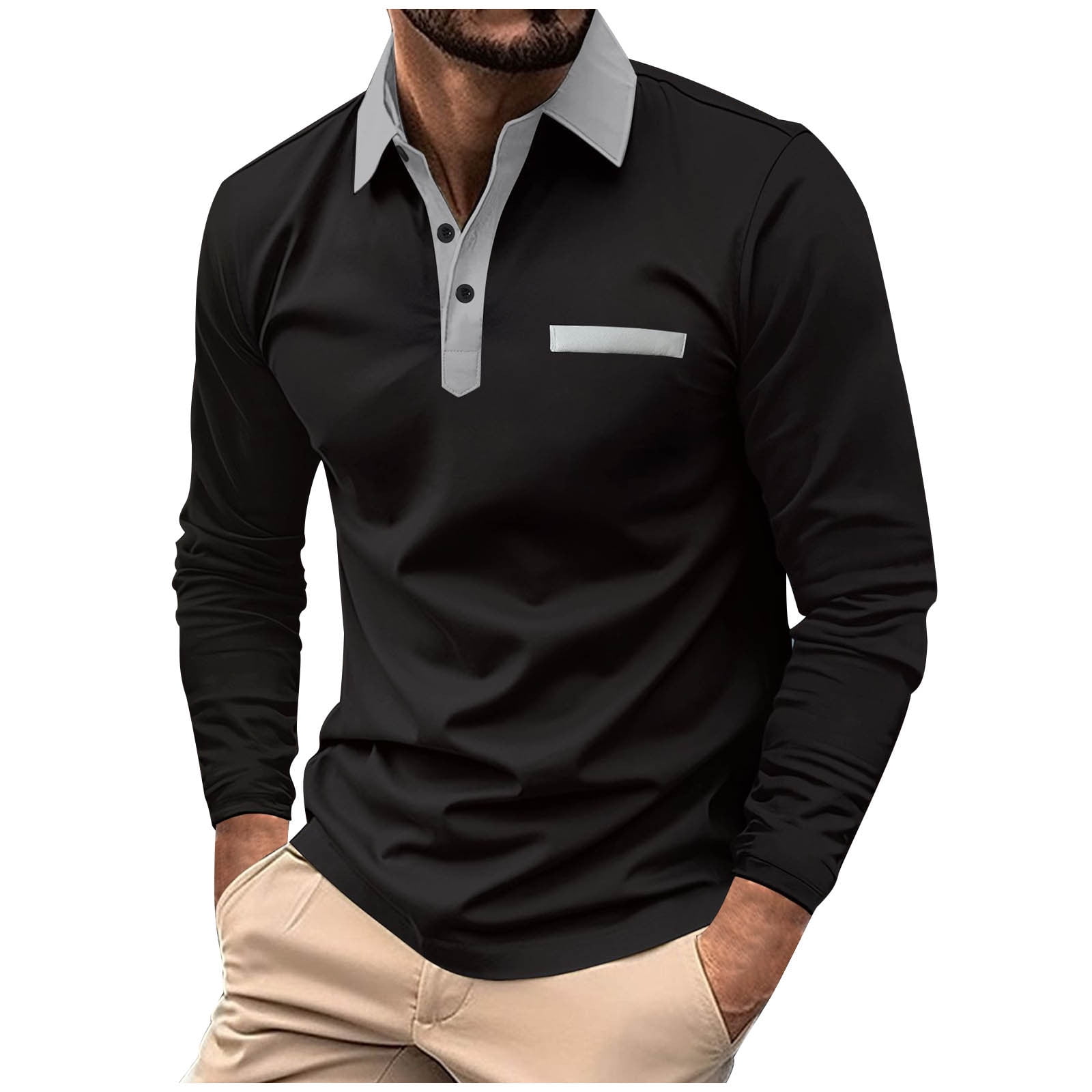 Generic Mens Long Sleeve Polo Shirts Casual Color Block Button Work ...