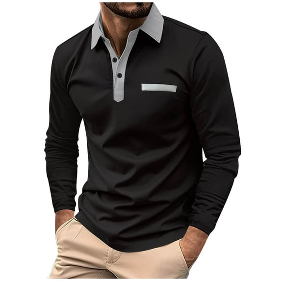 Generic Mens Long Sleeve Polo Shirts Casual Color Block Button Work ...