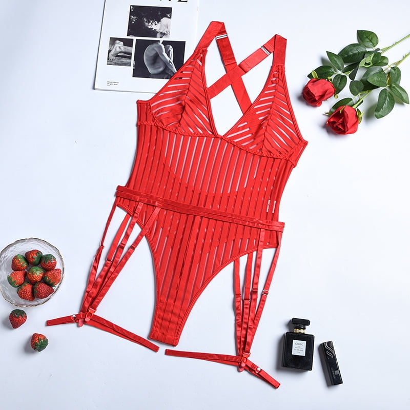 Generic New Sexy Lingerie Sexy Women Mesh Stripes Garter Jumpsuit Sexy ...
