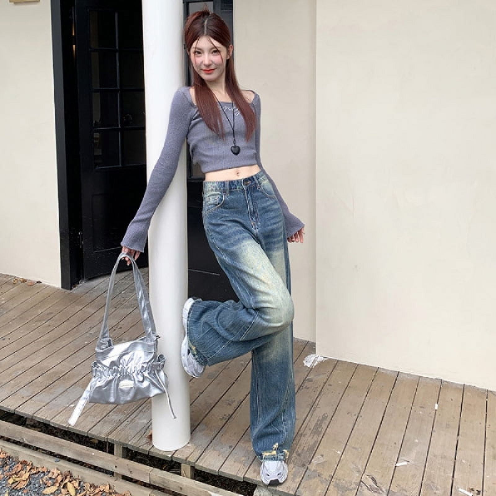 Generic Popular Retro Niche Design Ripped Texture Blue Loose-Fitting ...