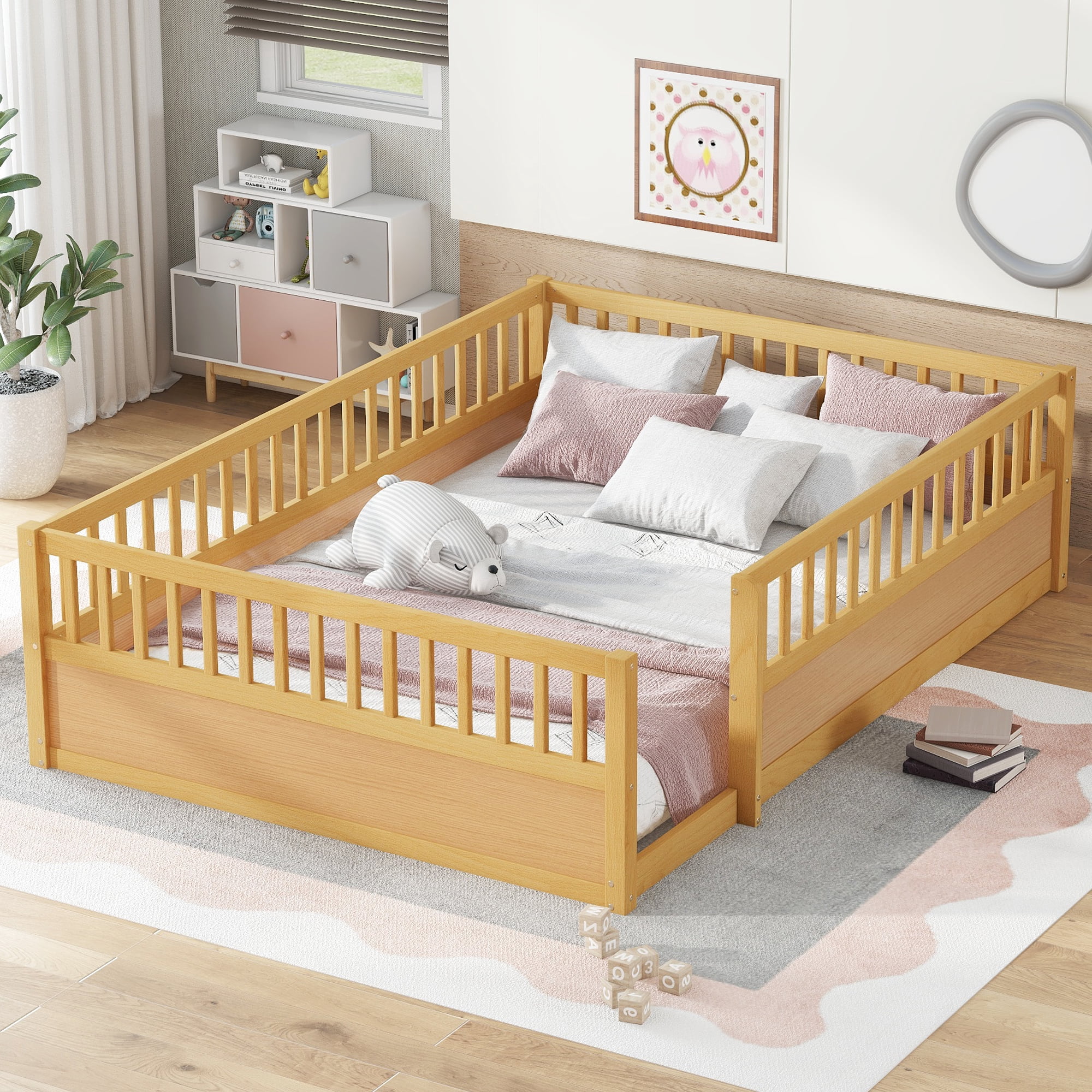 Generic Queen Size Montessori Floor Bed Frame with Safety Fence ...