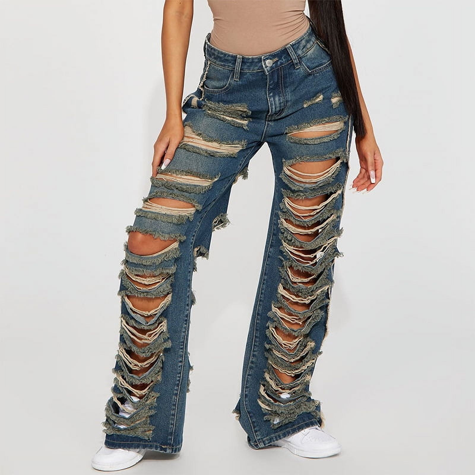Generic Ripped Jeans for Women 2025 New Washed Wide-Leg Trousers Ripped ...