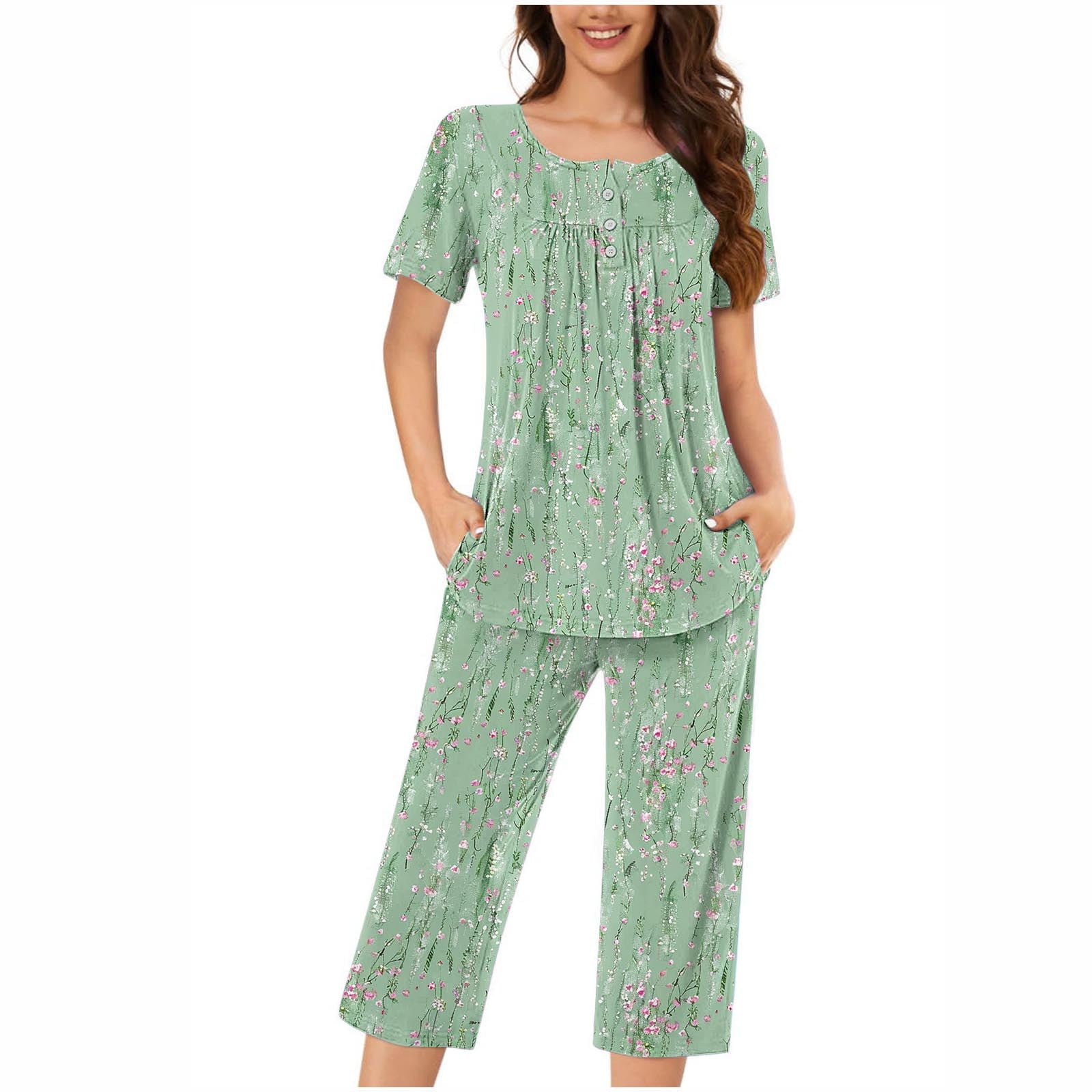 Generic Summer Womens Pajama Sets 2 Piece Sleepwear Henley Neck Short ...