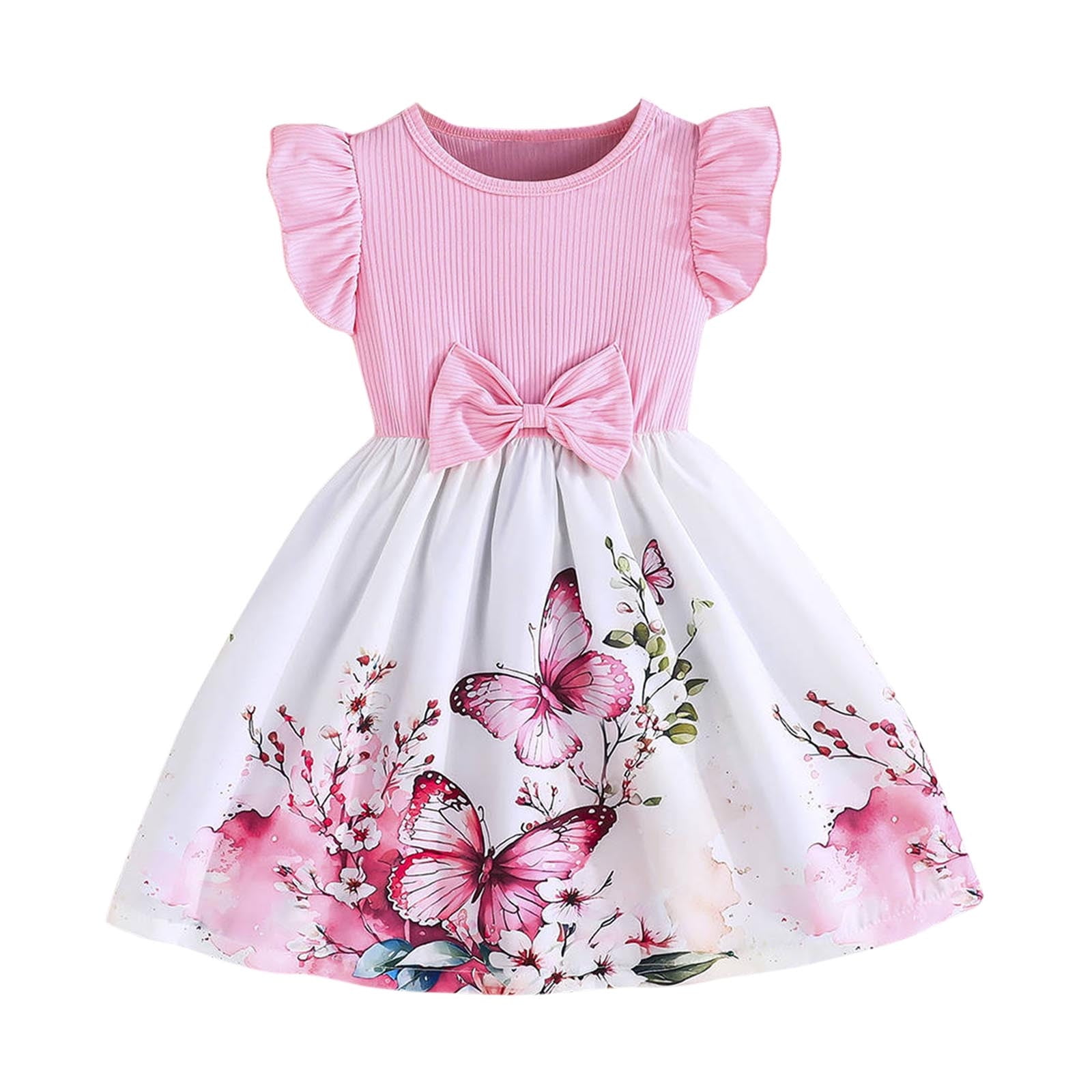 Generic Toddler Girl's Flower Print Dress Summer Ruffle Cap Sleeve A ...