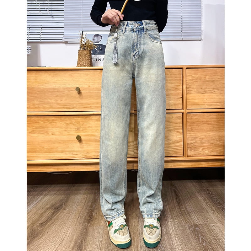 Generic Vintage Blue Washed High-Waisted Trousers Legs 2025 Tide Worn Slimming Straight Jeans ...