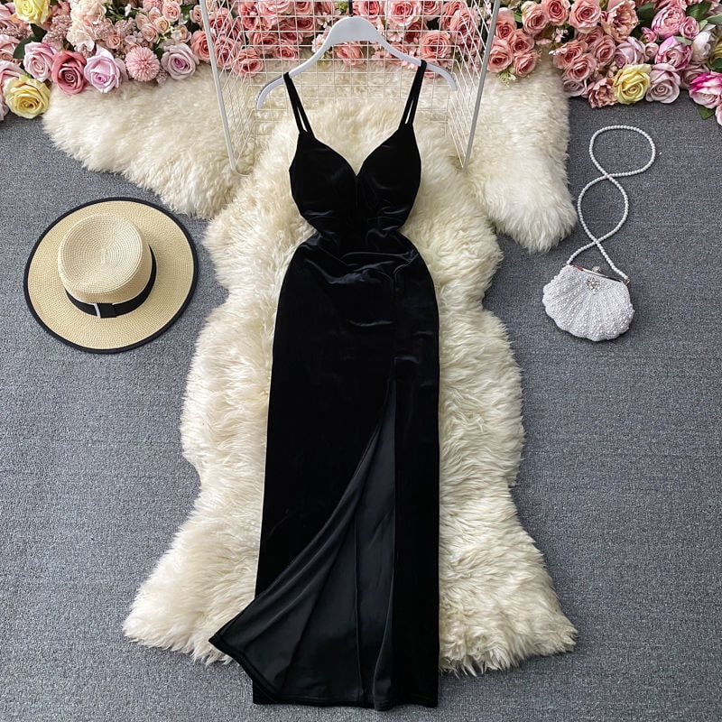 Generic Vintage Velvet Strap Tube Top Dress V-neck Slim Fit Thin ...
