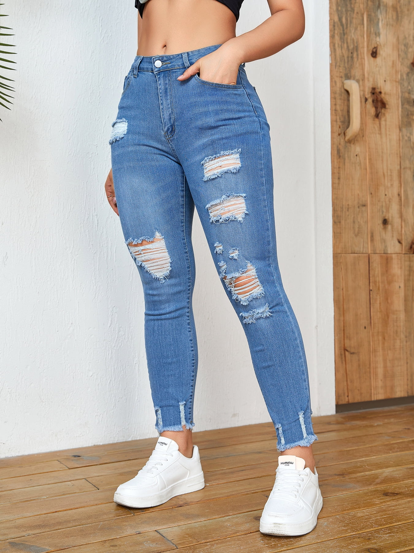 Generic Washed and Frayed Tasseled Jeans Women's Slim Fit High ...