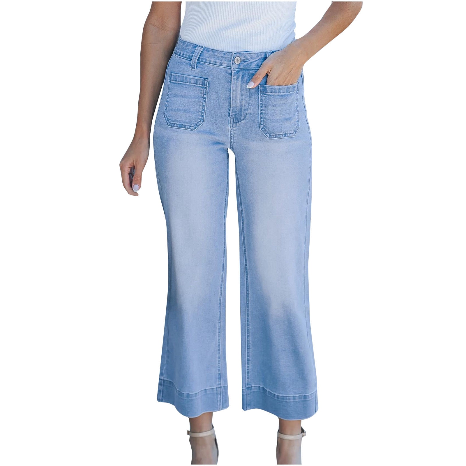 Generic Wide Leg Cropped Jeans for Women High Waisted Stretchy Denim ...