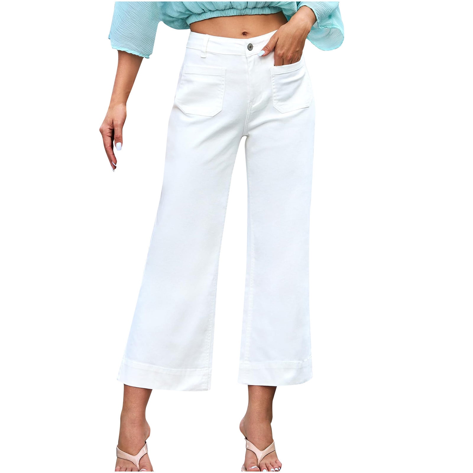 Generic Wide Leg Cropped Jeans for Women High Waisted Stretchy Denim ...