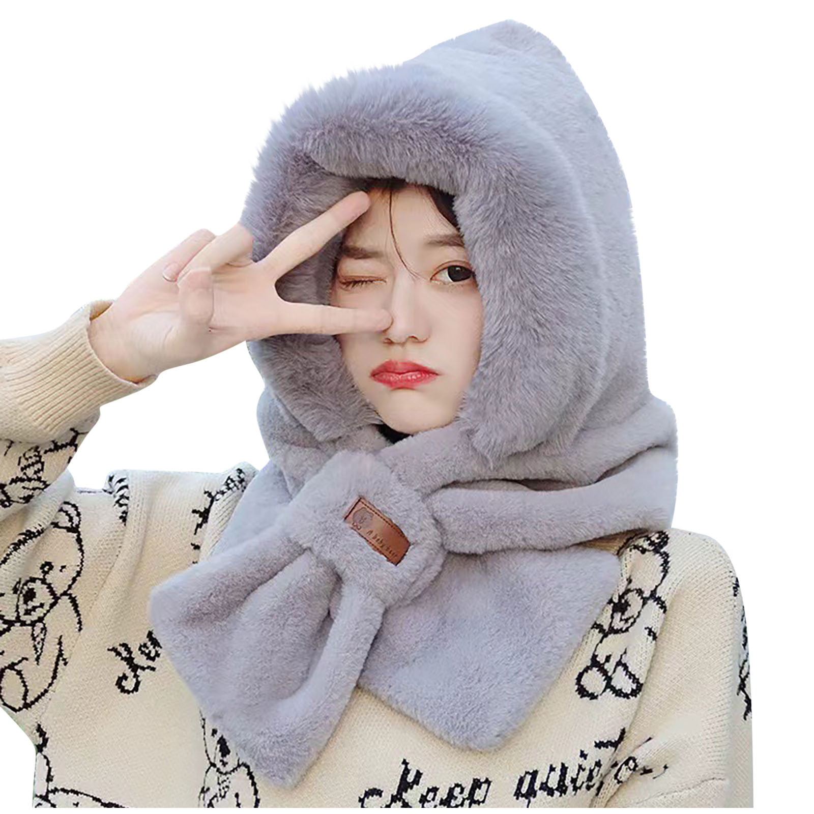 Generic Winter Hat for Women Warm Hooded Scarf Hat Fleece Beanie Scarf ...