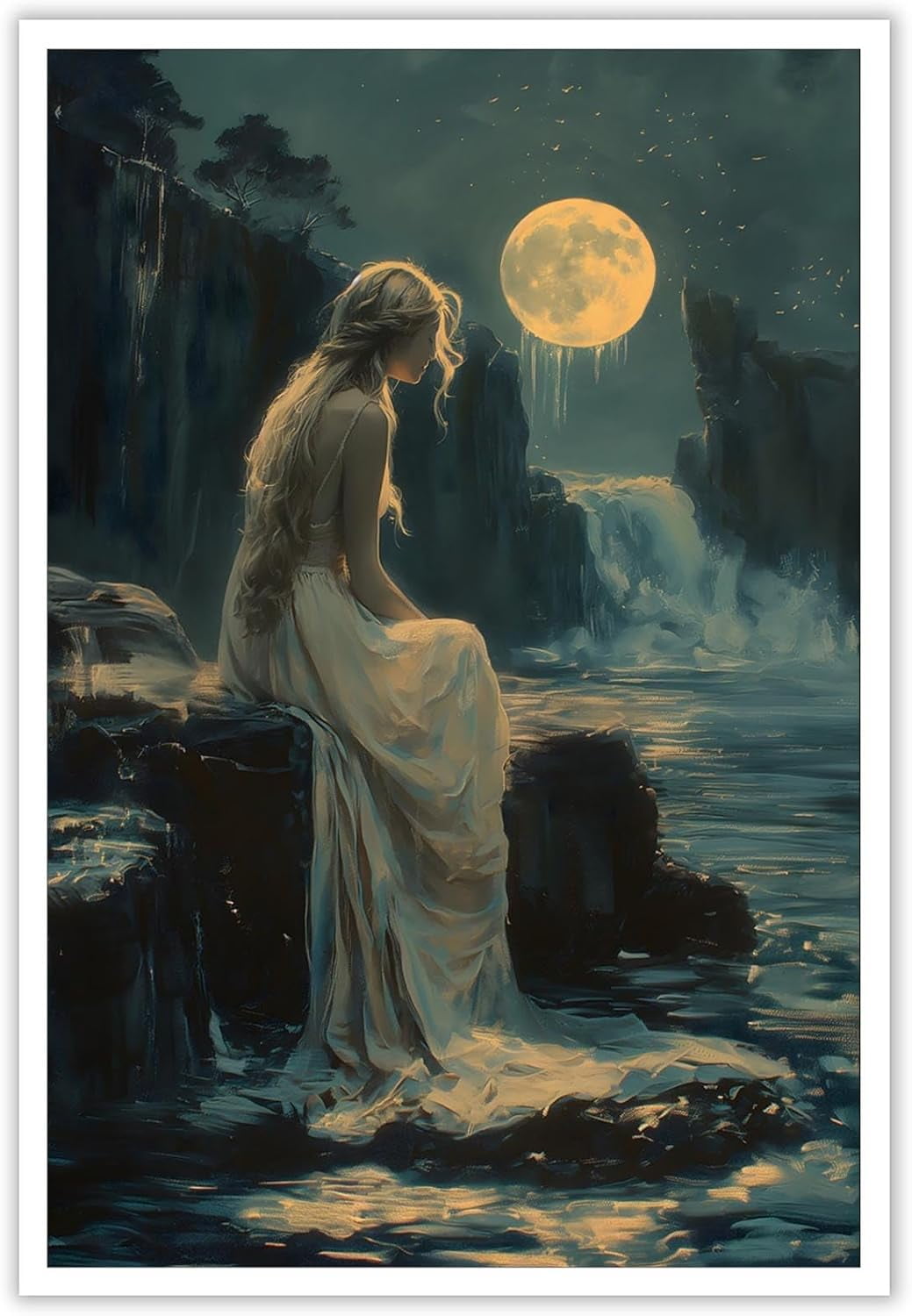 Generic Witch Waterfall and Moon Print Painting，Moody Victorian Girl ...