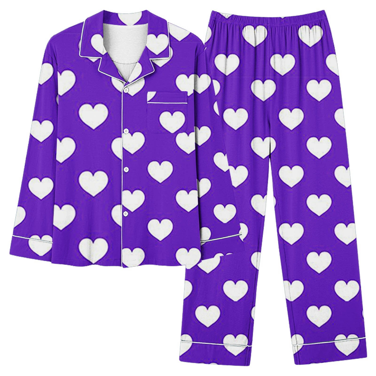 Generic Women 2 Piece Pajama Set Heart Print Long Sleeves Button Down Lapel Shirt Long Pants ...