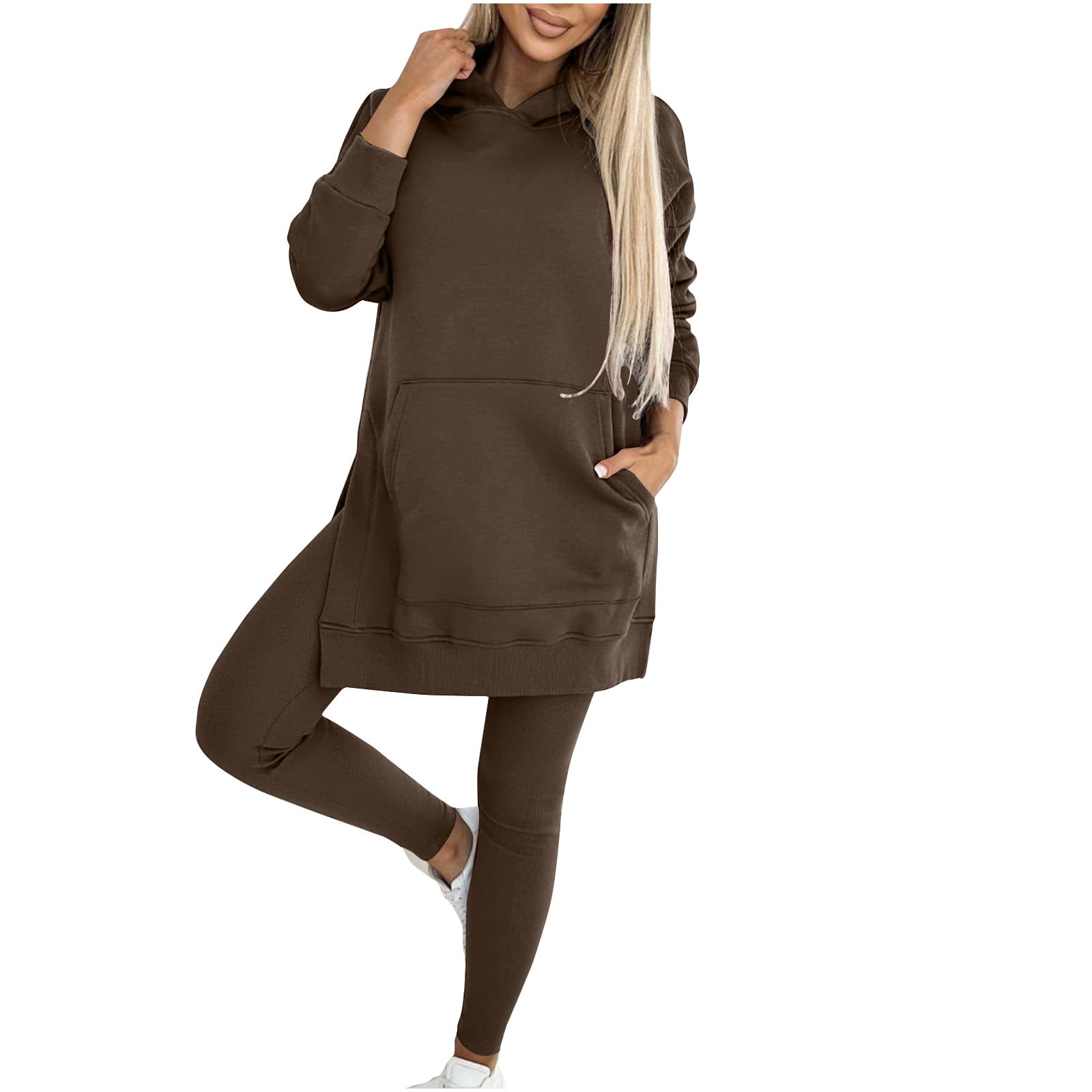 Generic Women Comfy Two Piece Hooded Set Side Slit Loose Tracksuit with ...