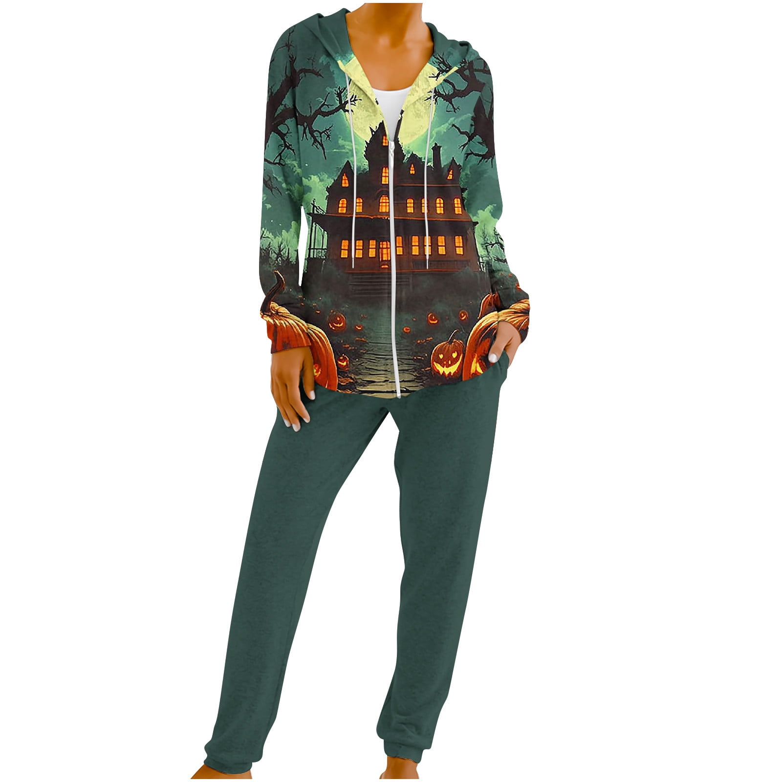Generic Women Halloween 2 Pc Outfits Cute Ghost Print Zip UP Hooded ...