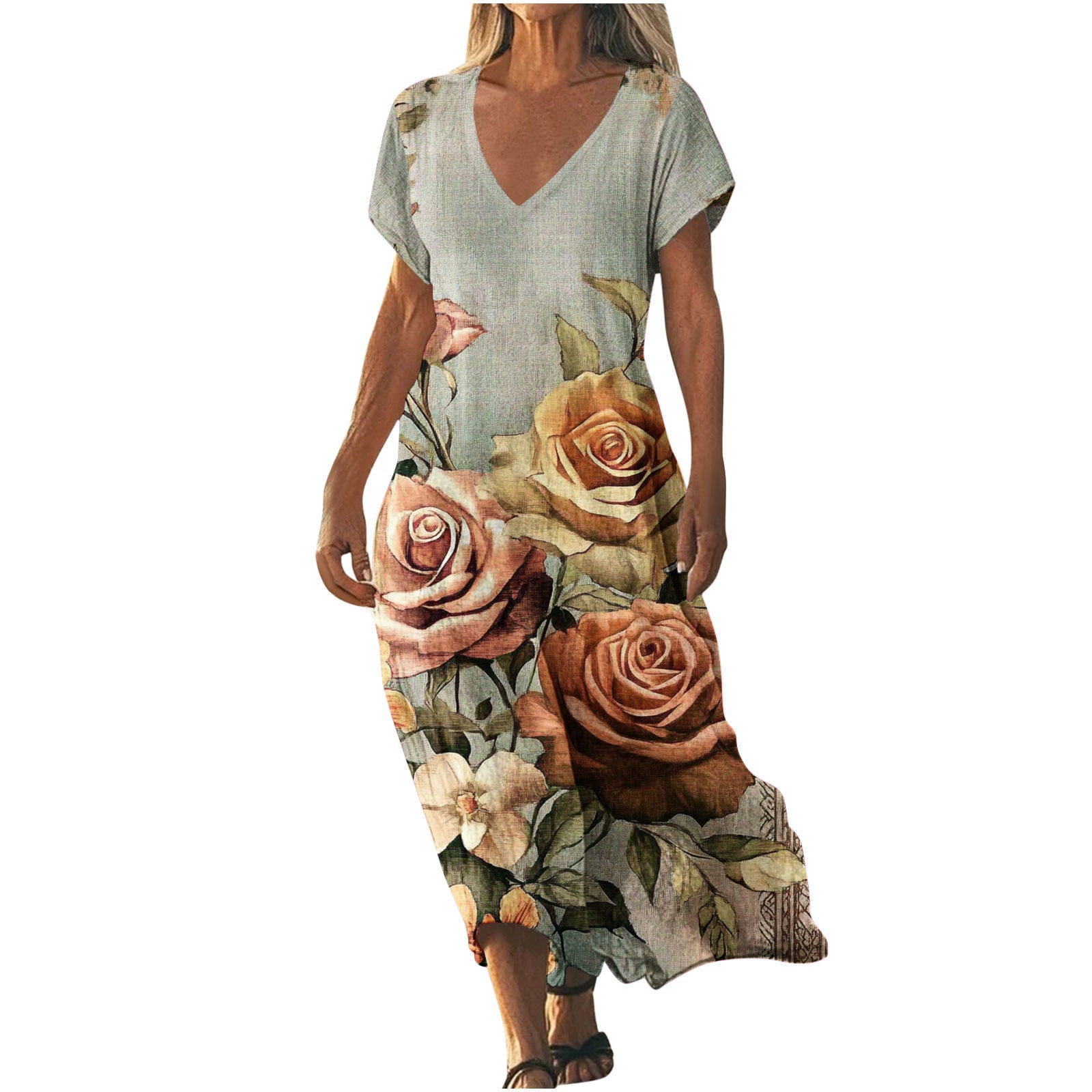 Generic Women Short Sleeve V-Neck Dress Casual Long Dress Sexy Floral ...