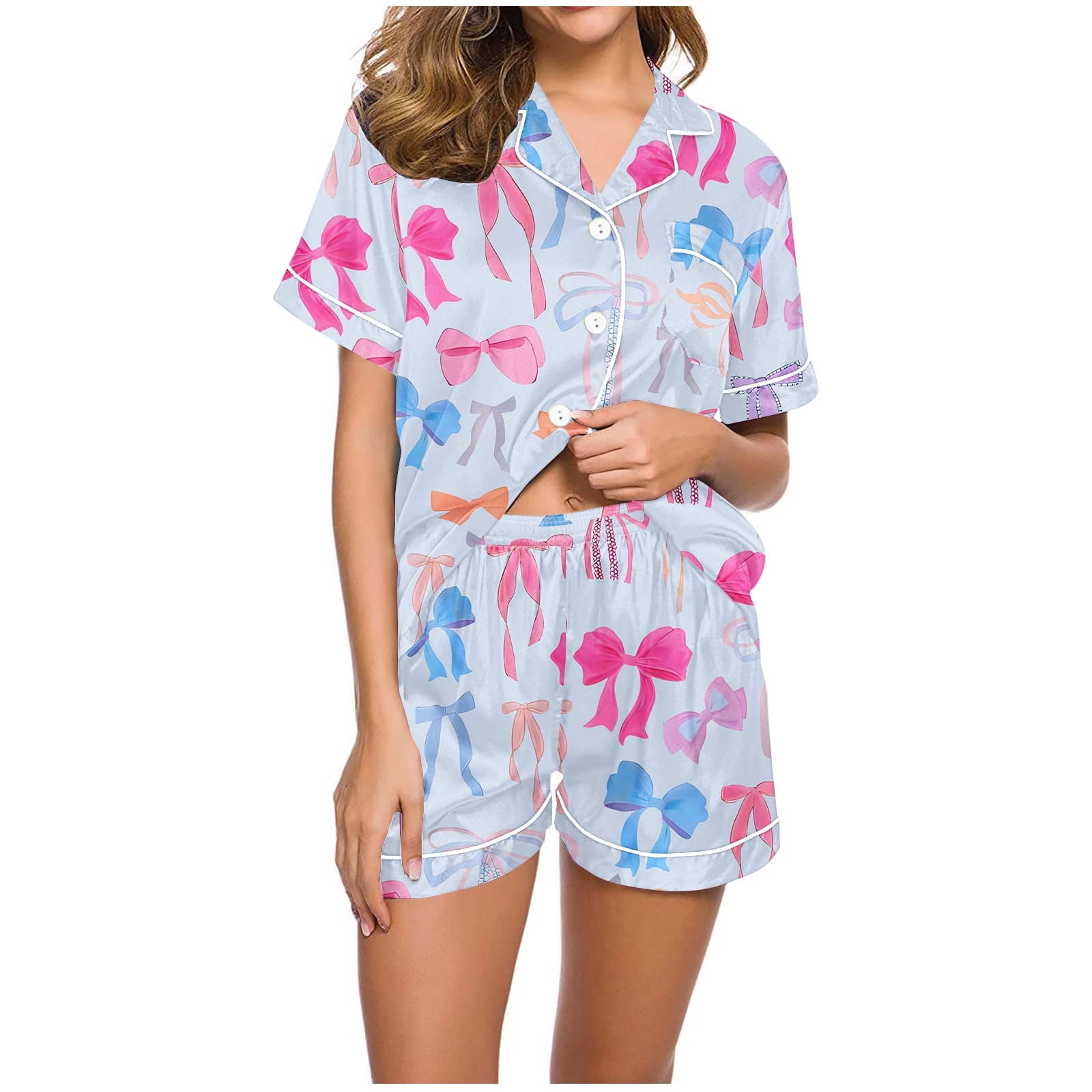 Generic Women's 2 Piece Bow Print Pajama Sets Sleepwear Short Sleeve ...