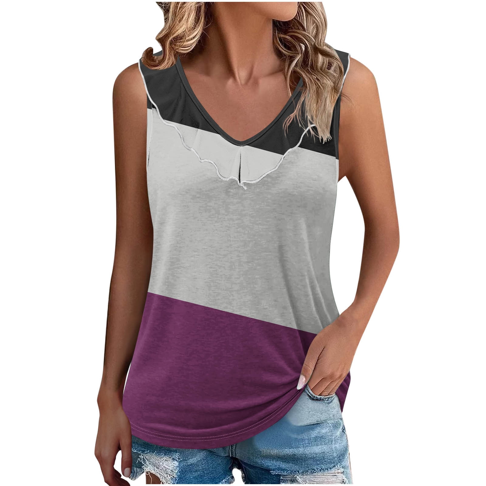 Generic Women's Casual Color Block Tank Tops Summer Sleeveless Crew ...