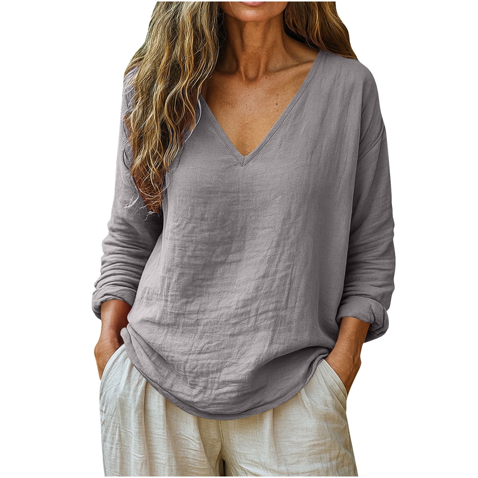 Generic Women's Cotton Linen Long Sleeve T Shirts Casual V Neck Basic ...
