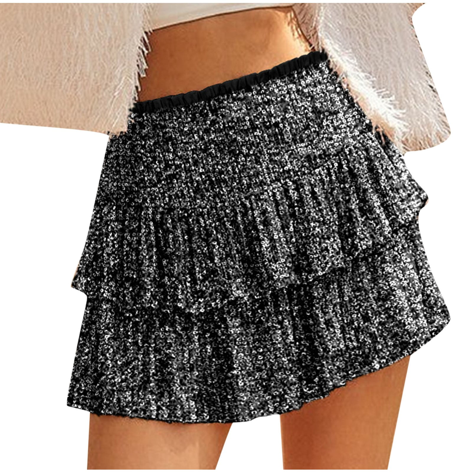 Generic Women's Cute Sequin Ruffle Skirt High Waist Glitter Layered Hem ...