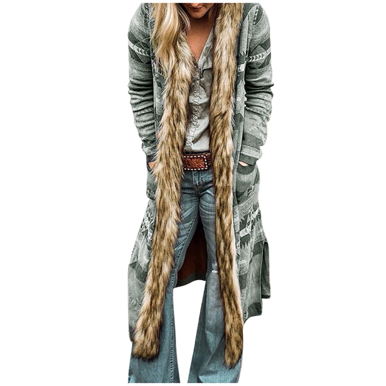Generic Women's Faux Fur Trim Long Parka Midi Length Cardigan Vintage ...