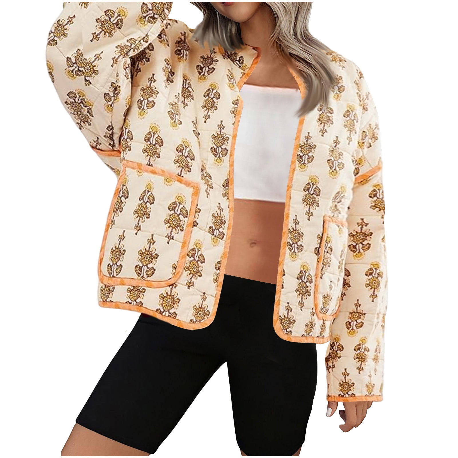 Generic Women's Floral Quilted Jackets Cropped Reversible Open Front ...