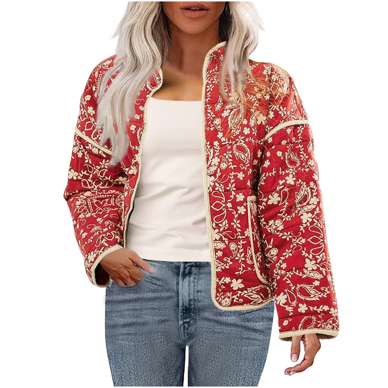 Generic Women's Floral Quilted Jackets Cropped Reversible Open Front ...