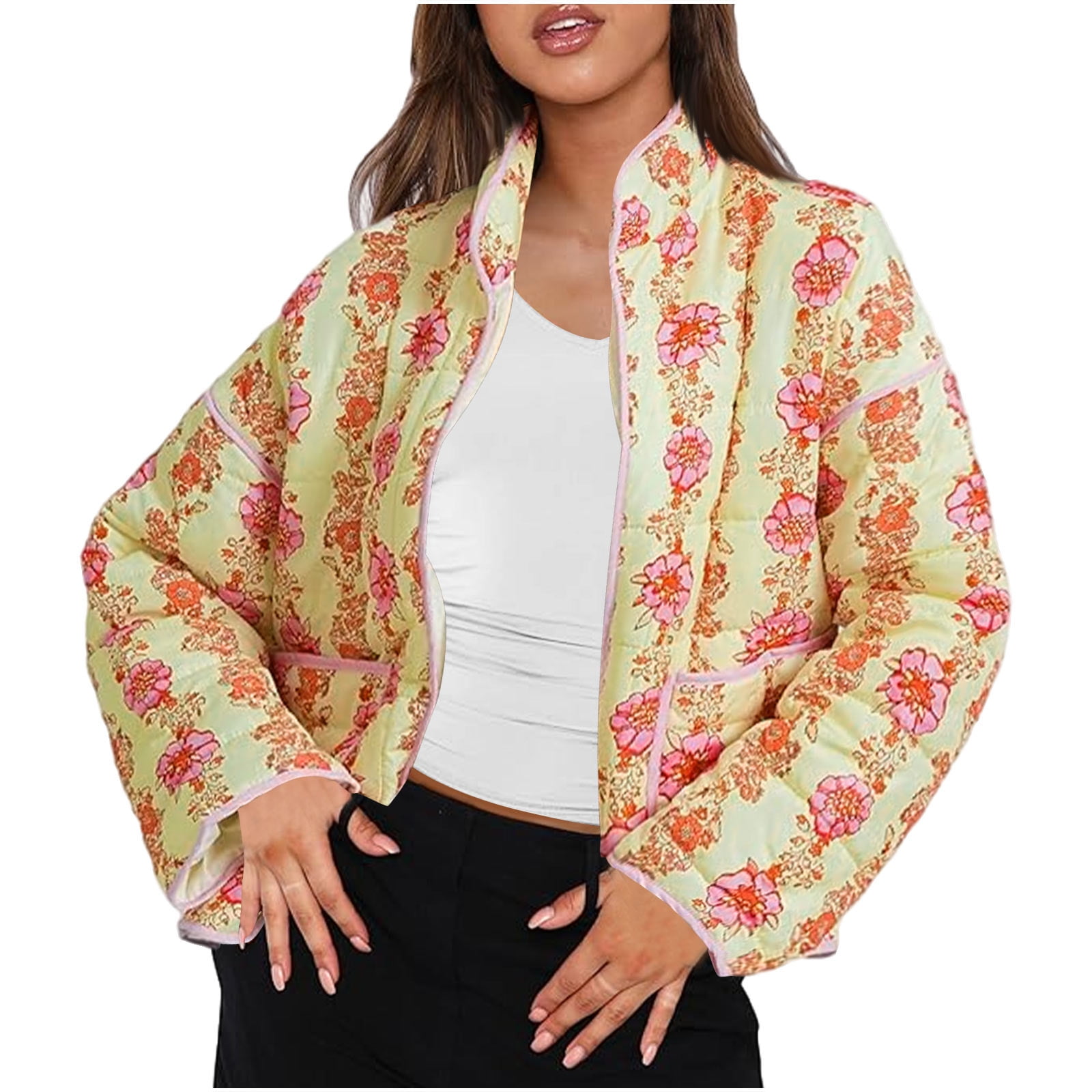 Generic Women's Floral Quilted Jackets Cropped Reversible Open Front ...