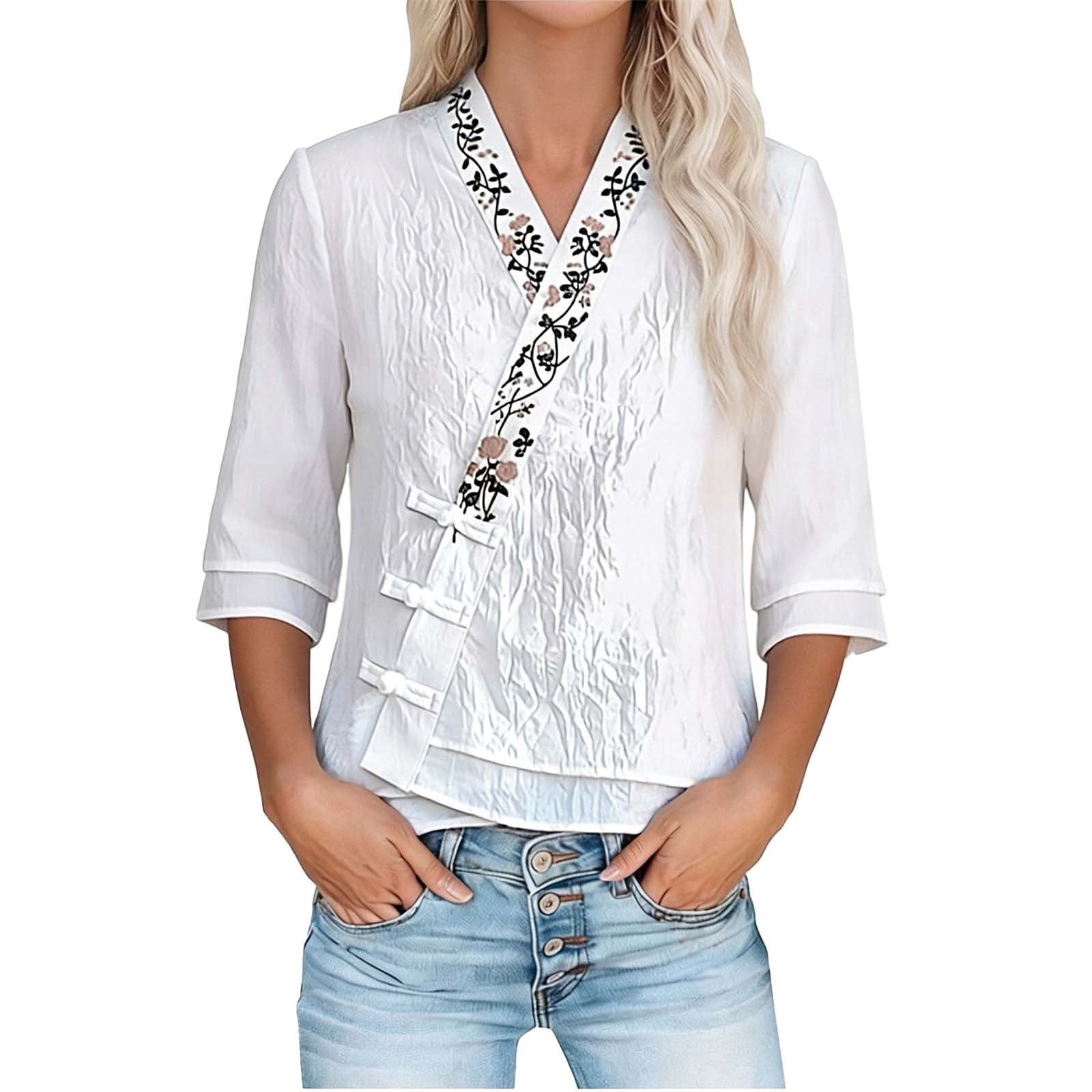 Generic Women's Linen Casual Loose Blouse 3/4 Sleeve V Neckline Chinese ...
