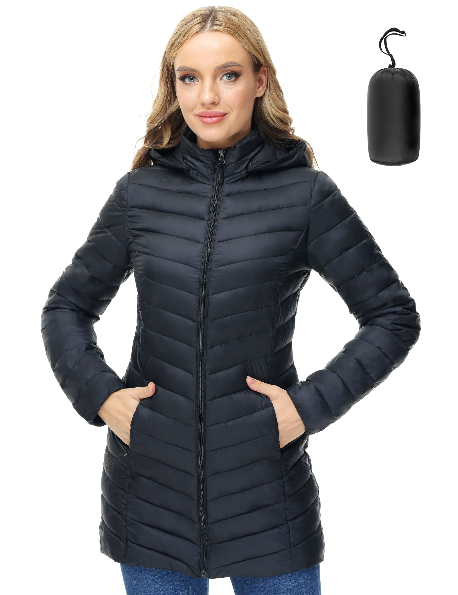 Generic Women's Packable Puffer Coat (Jet Black, Large) - Walmart.com