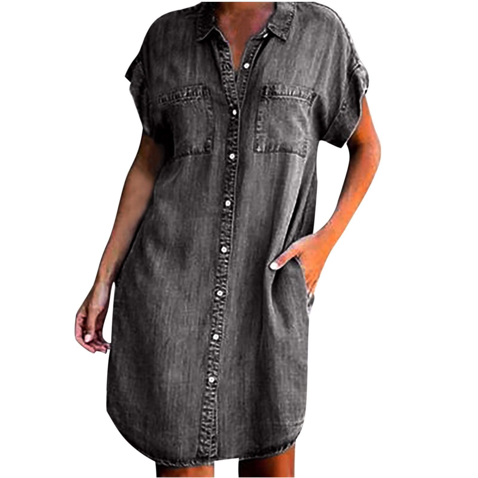 Generic Women's Short Sleeve Denim Shirt Midi Dress Button Down Tunic ...