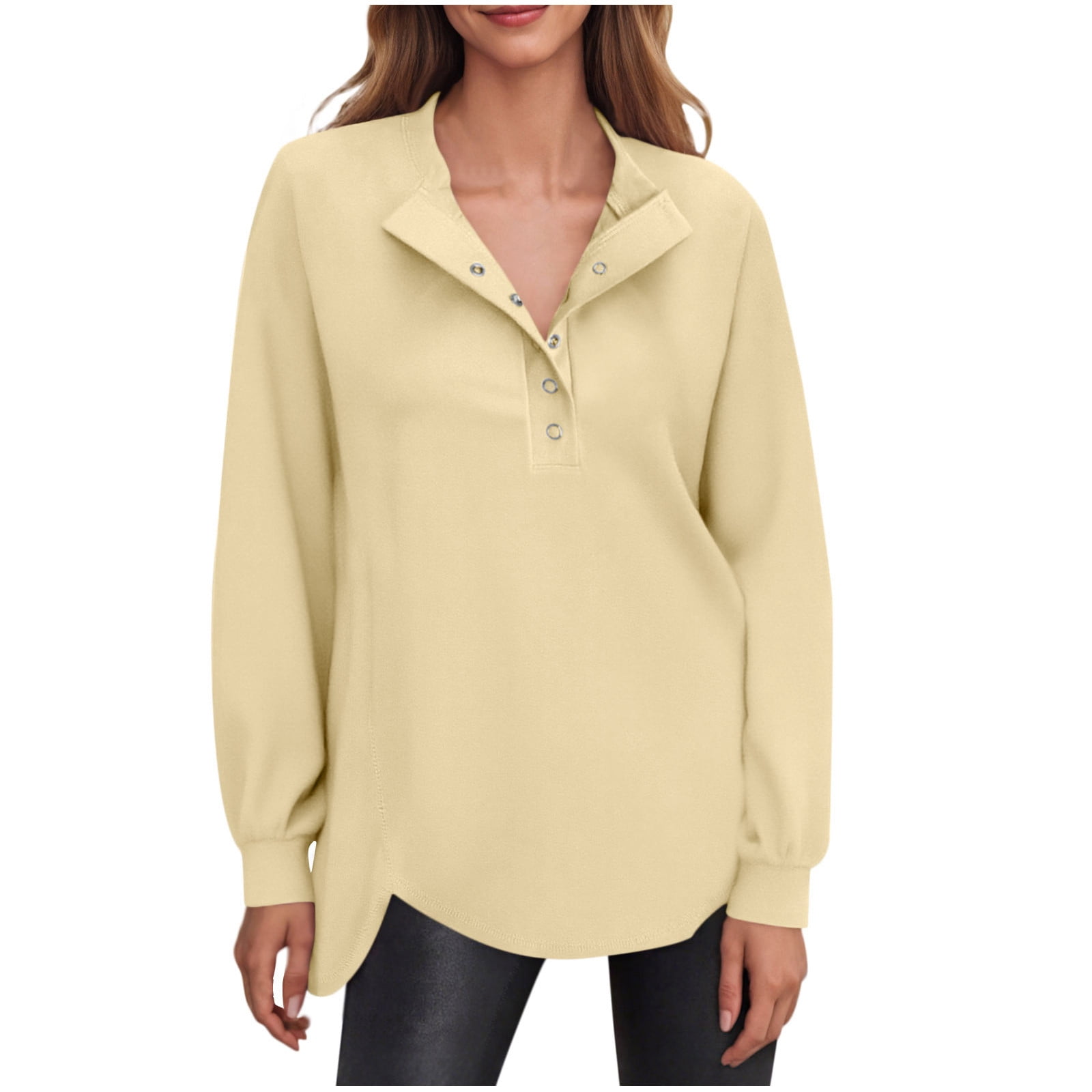 Generic Women's Snap Button Up Sweatshirt Long Sleeve Tunic Tops Loose ...