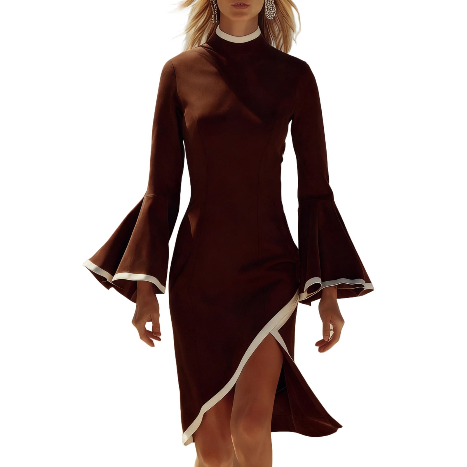 Generic Women's Suede Dress Turtleneck Solid Color Bell Sleeves ...