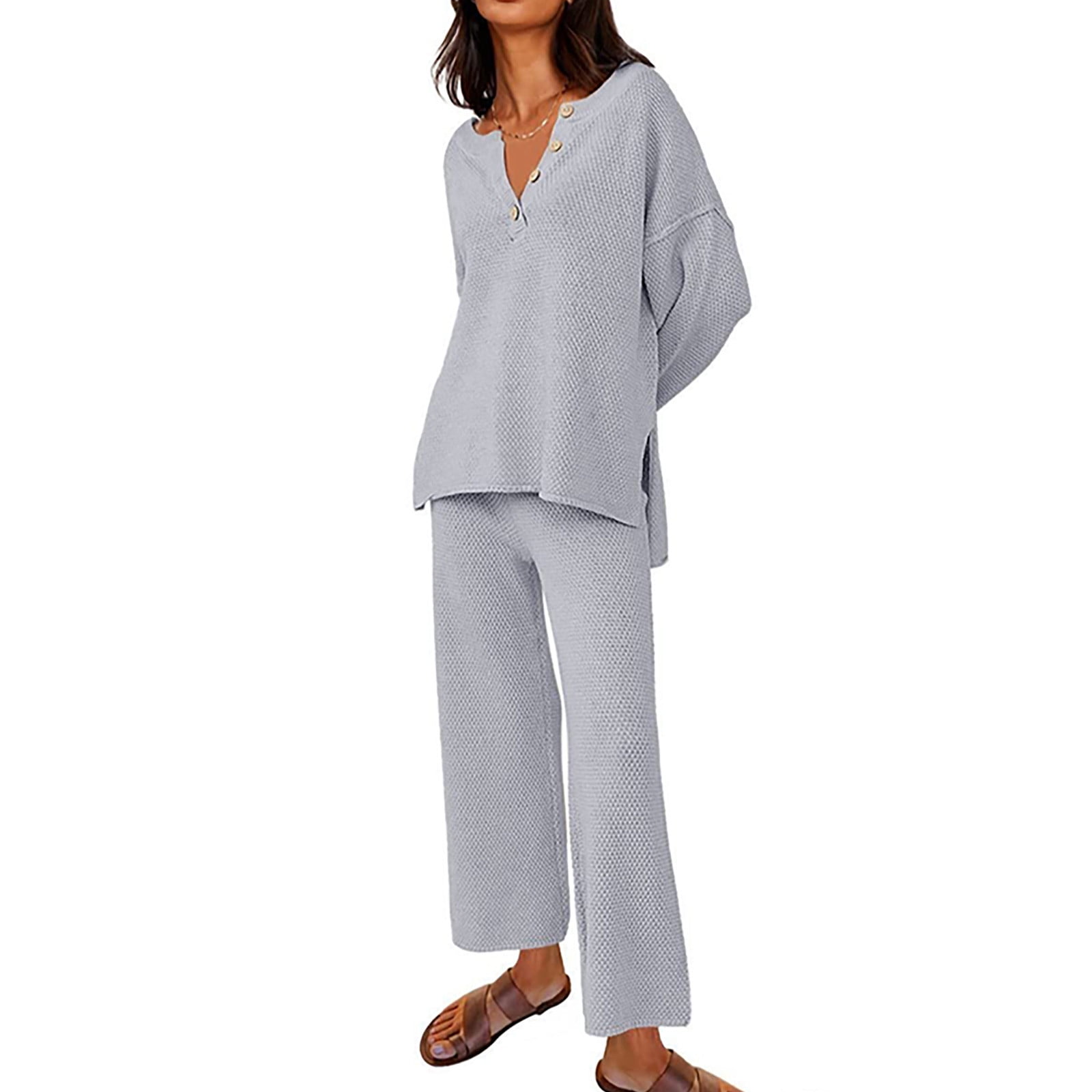 Generic Womens 2 Piece Outfits Waffle Knit Solid Lounge Sets Long ...