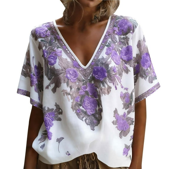 Generic Womens Boho Floral Print Tee Shirts Trendy Short Sleeve V Neck ...