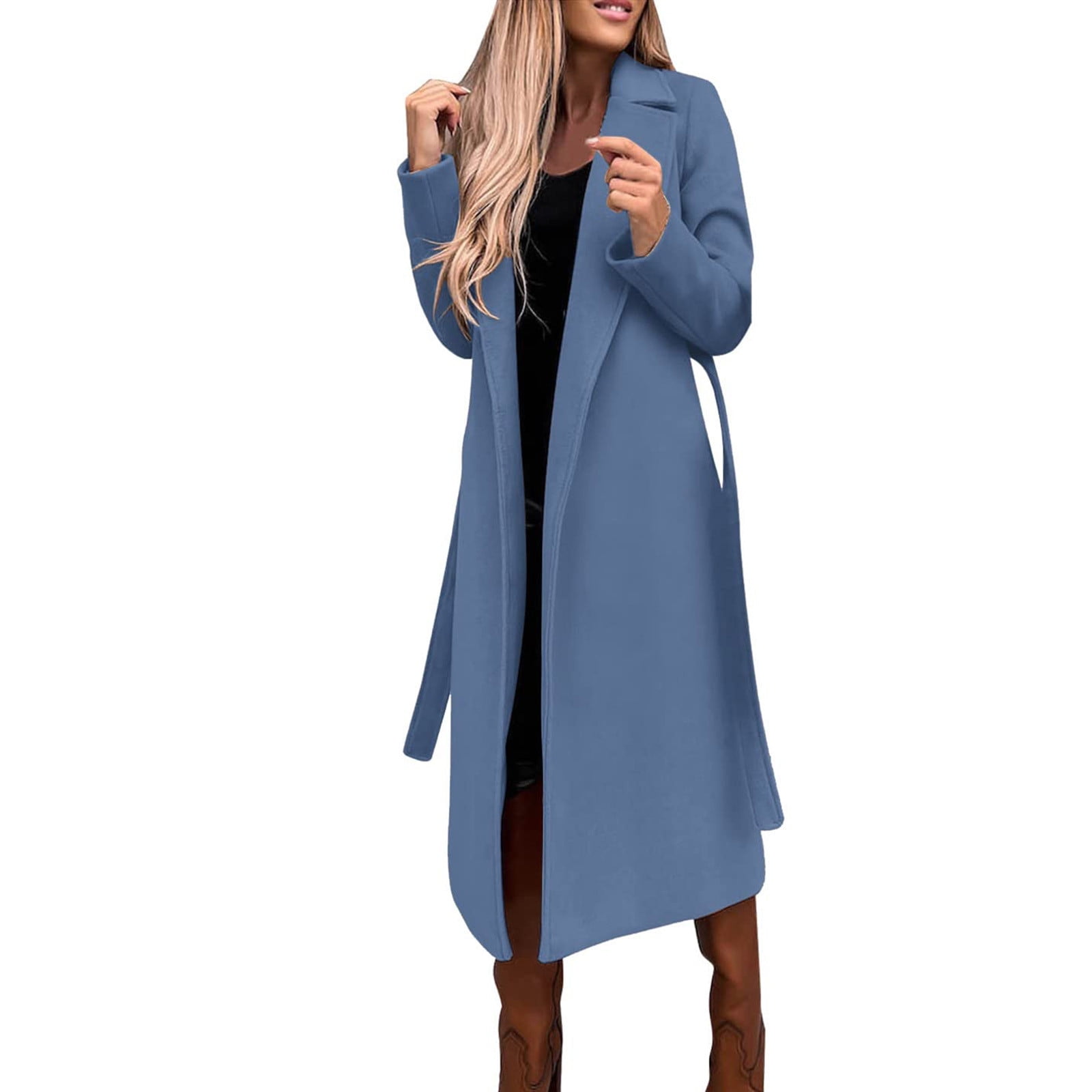 Generic Womens Long Wool Pea Coats Notched Collar Open Front Woolen ...