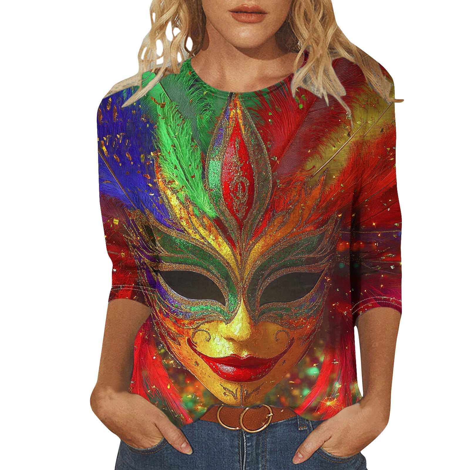Generic Womens Mardi Gras Shirt Crew Neck 3/4 Sleeve Fat Tuesday Tops ...