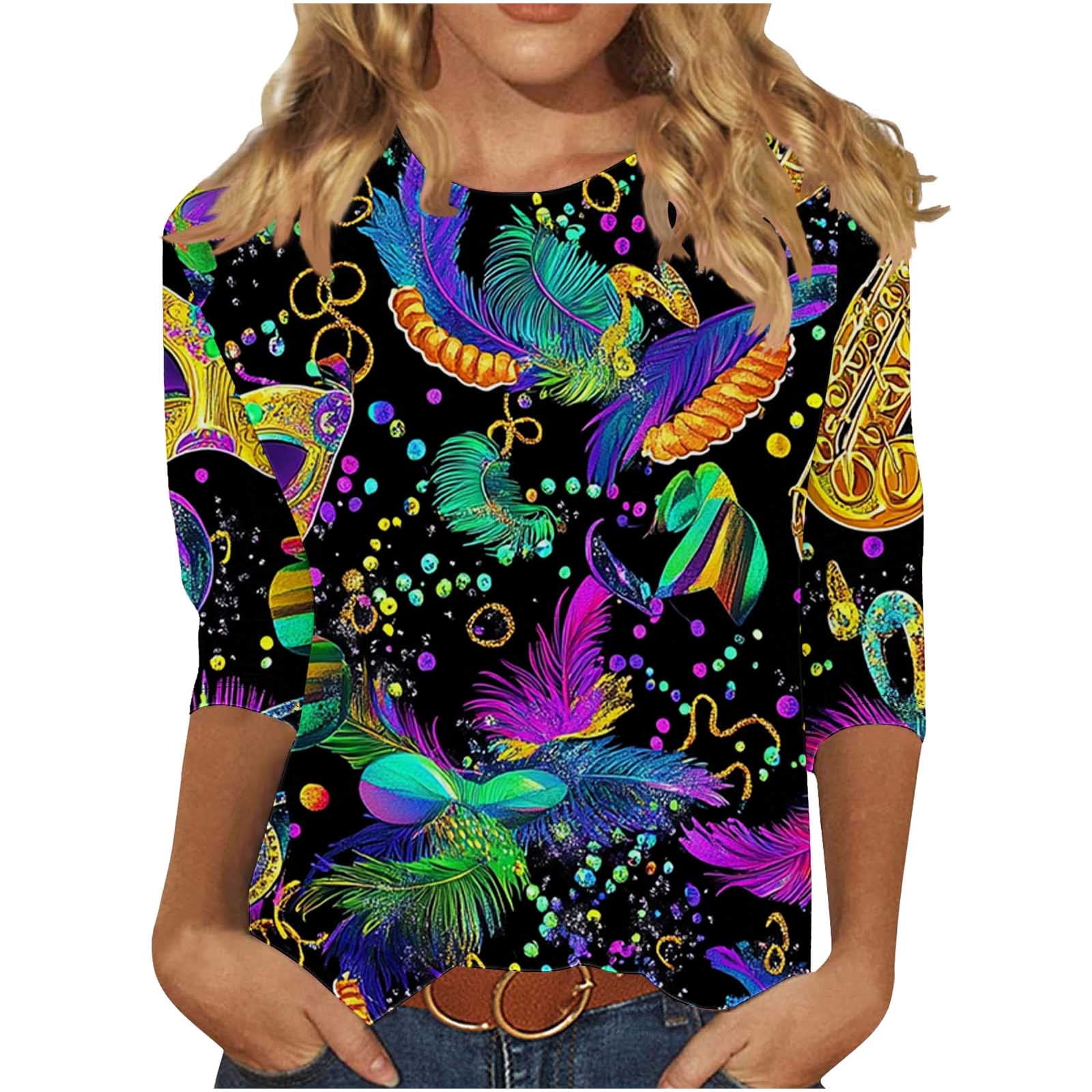 Generic Womens Mardi Gras Shirt Crew Neck 3/4 Sleeve Fat Tuesday Tops ...