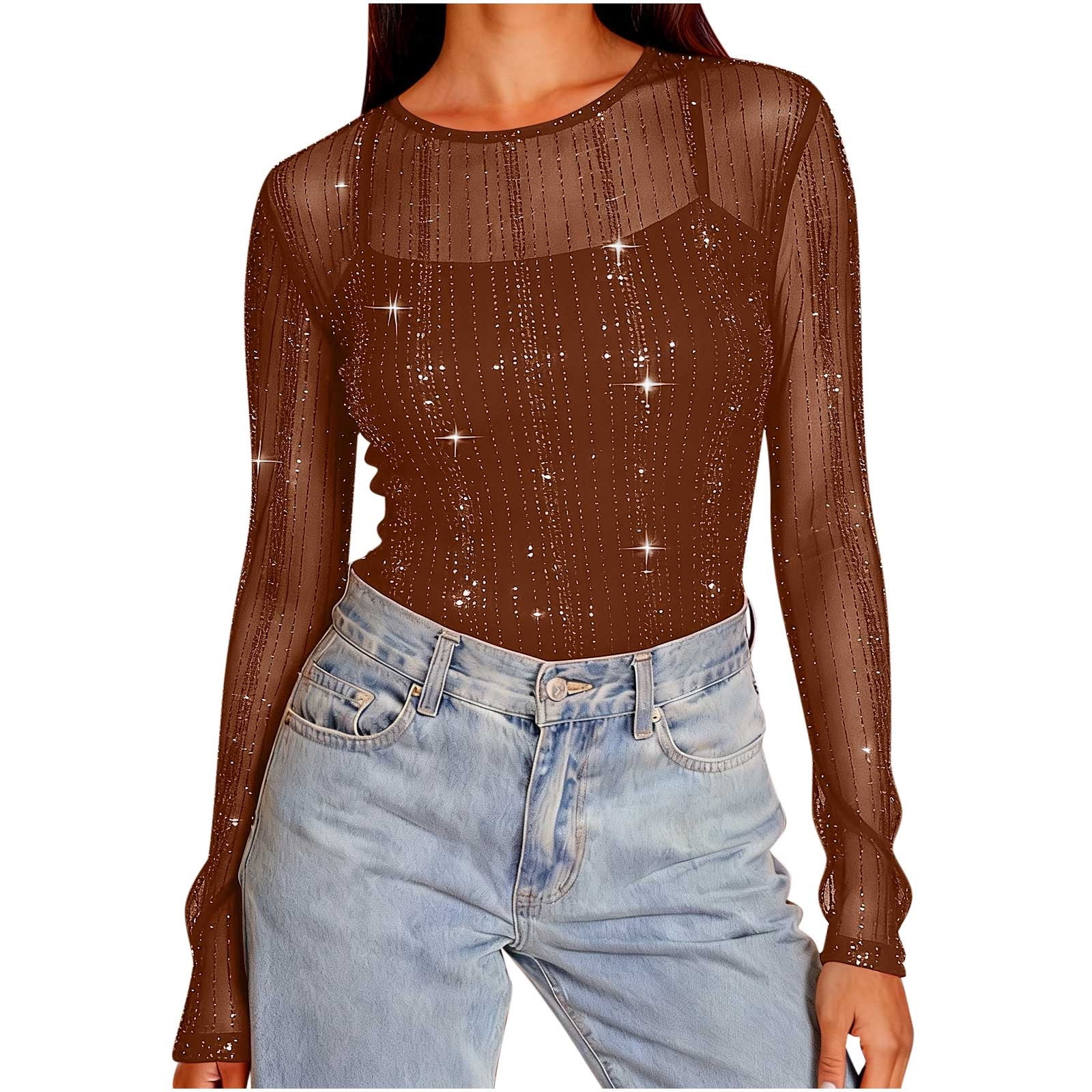 Generic Womens Mesh Long Sleeve Tops Crewneck Sparkly Sheer Shirts ...