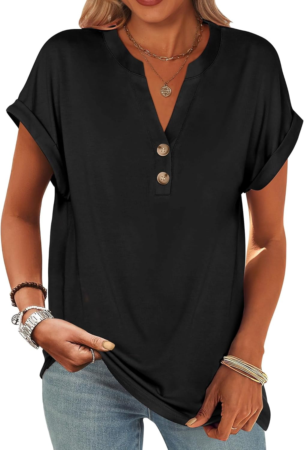Generic Womens Short Sleeve Henley Tops V Neck Dressy Casual Blouses ...