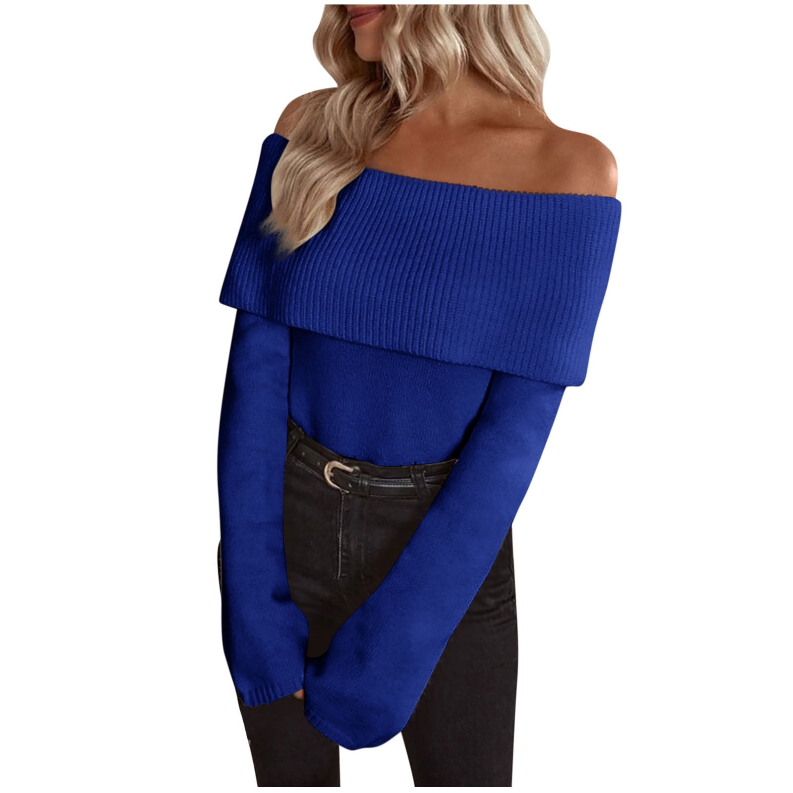 Generic Womens Solid Off Shoulder Sweater Long Sleeve Knitted Cropped ...