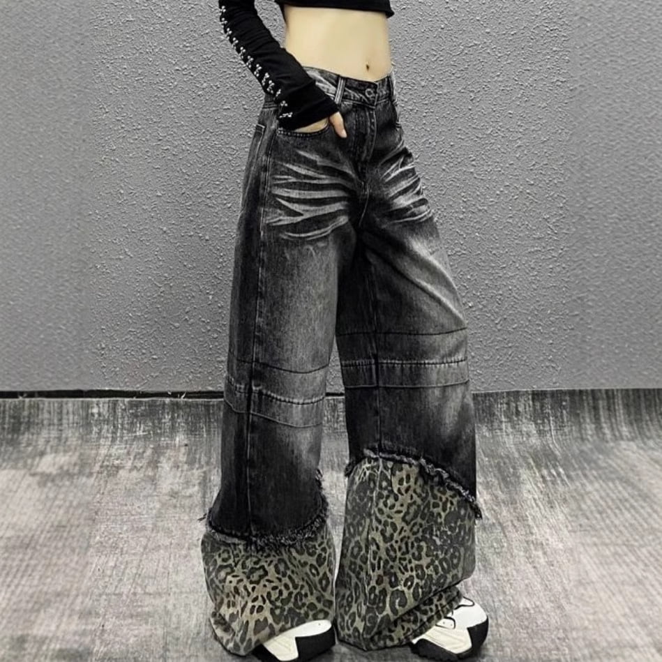 Generic Y2g Leopard Splicing Jeans Women's High Street Retro Straight ...