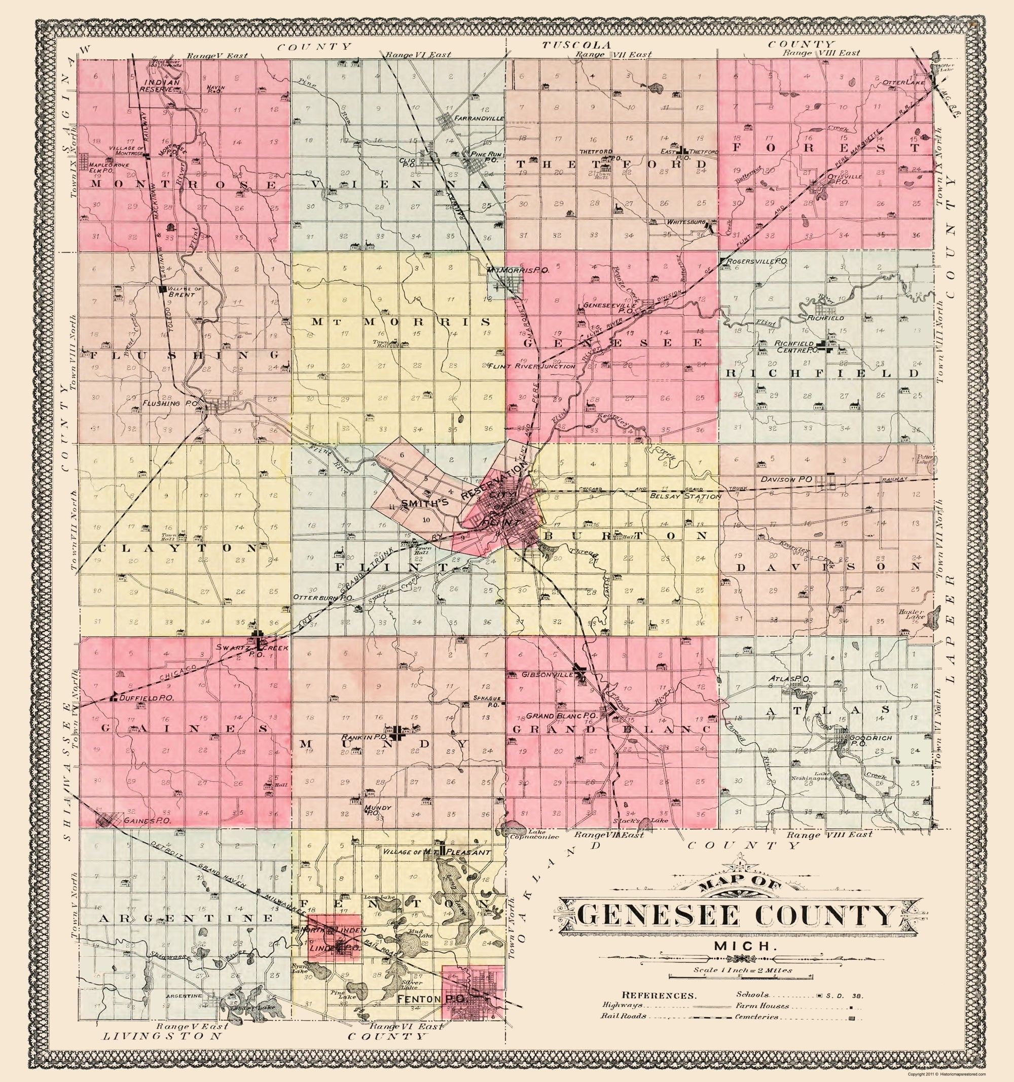 Historic County Map - Genesee County Michigan - Day 1899 - 23 x 24.53 ...
