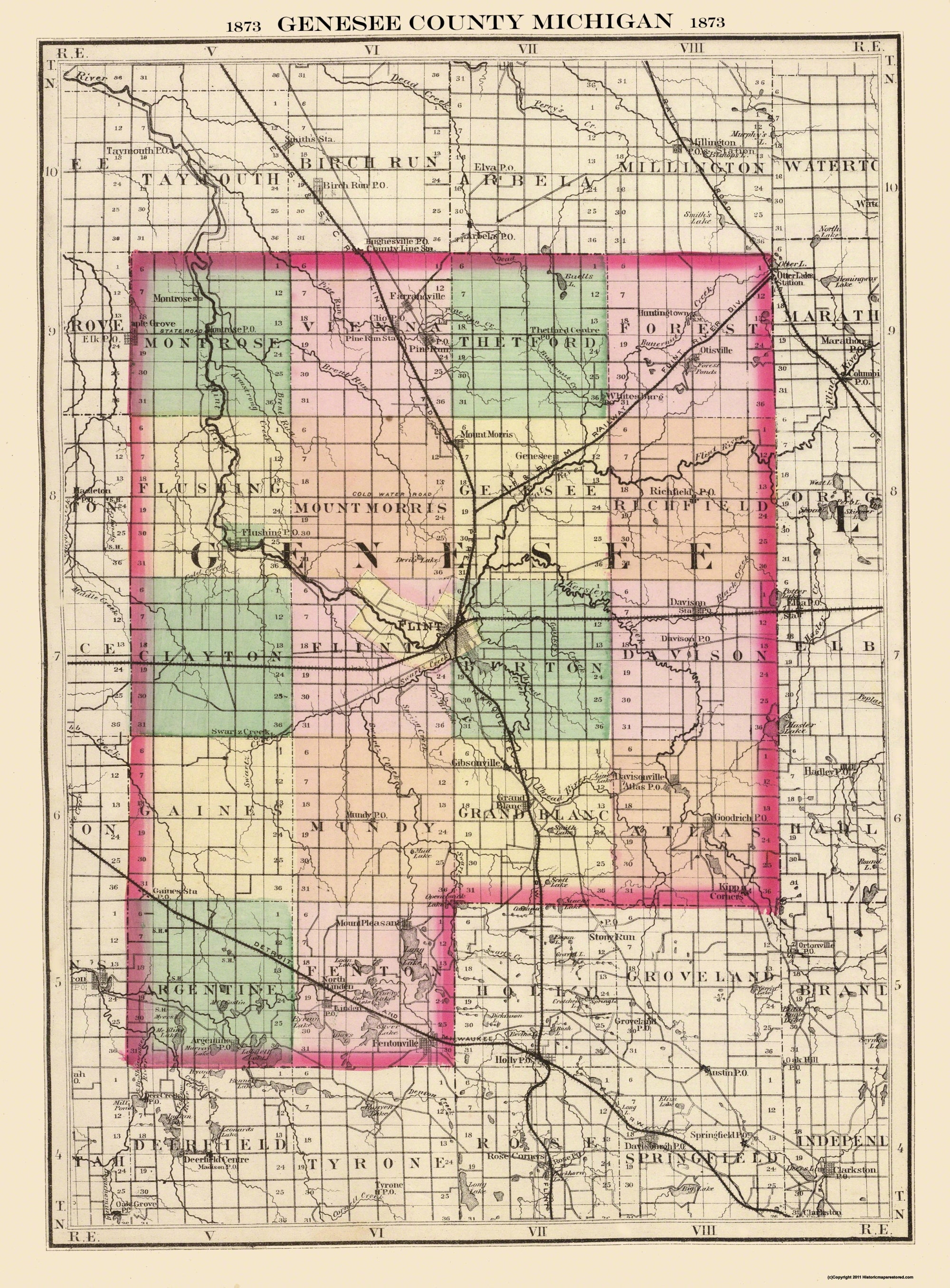 Historic County Map - Genesee County Michigan - Walling 1873 - 23 x 31. ...