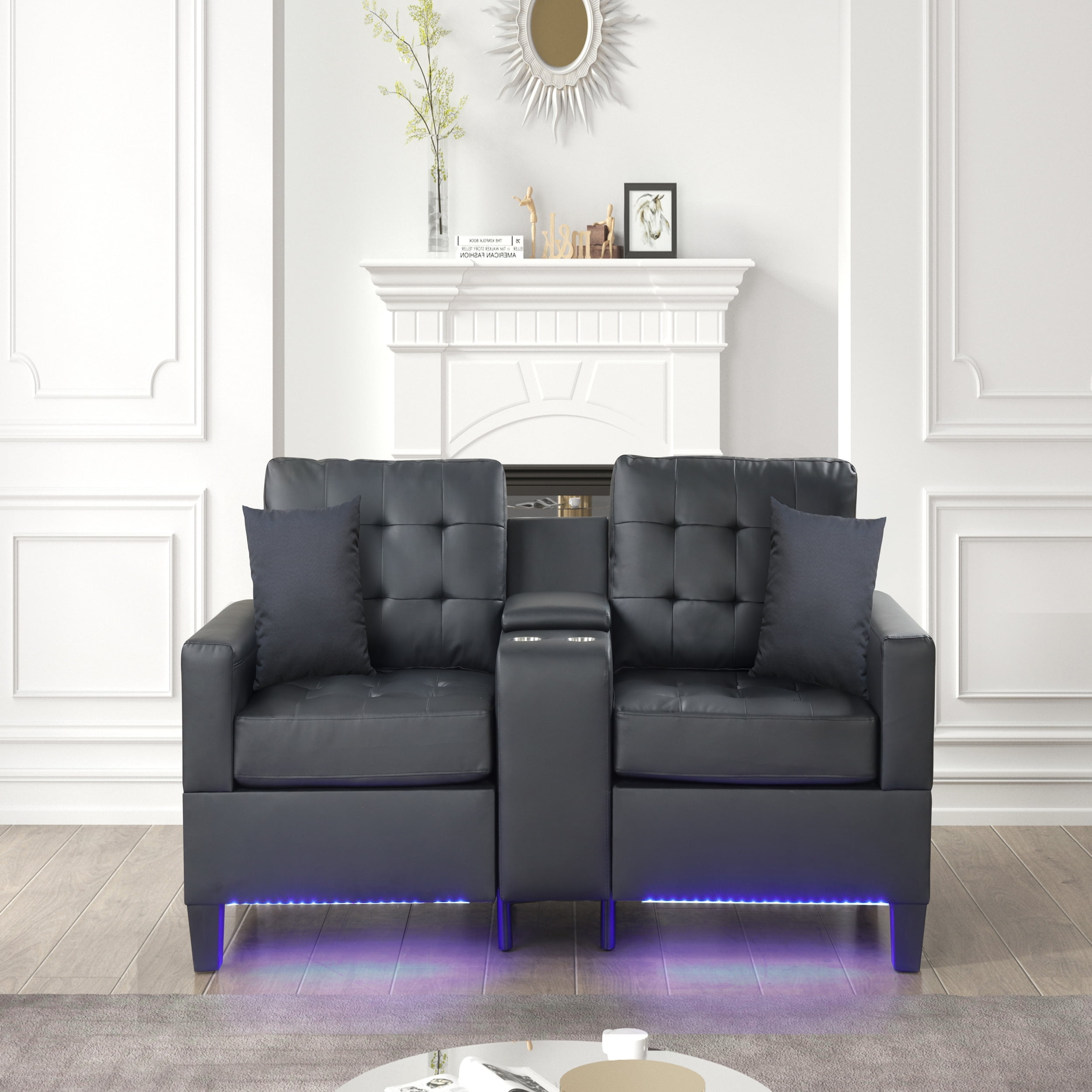 "Genesis 85"W Black PVC Fabric Sofa w/ LED Lights, USB Charger, Storage ...