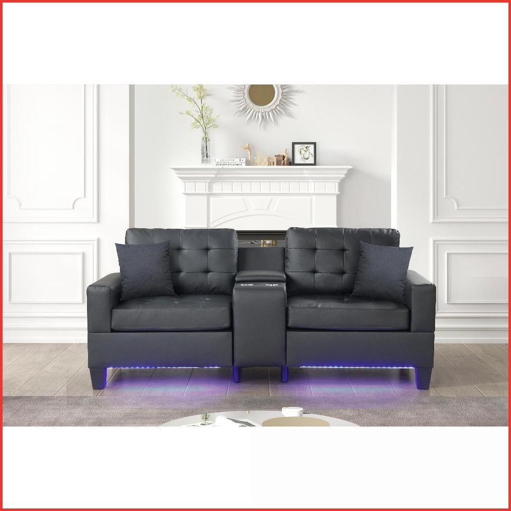 Genesis 85”W Modern Black PVC Sofa | Tight Back | Square Arms | LED ...