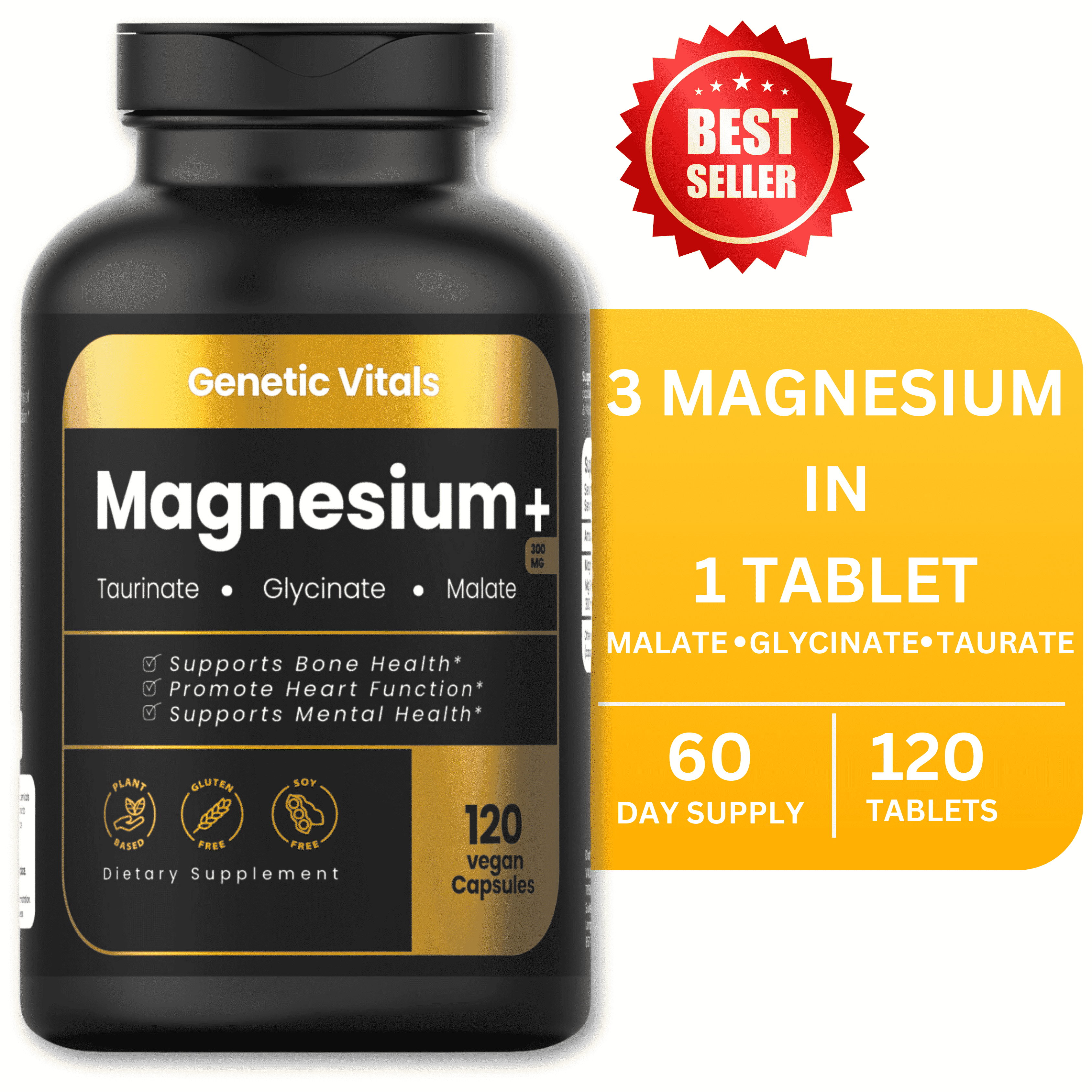 Genetic Vitals Triple Magnesium Complex 300mg - Magnesium Glycinate ...