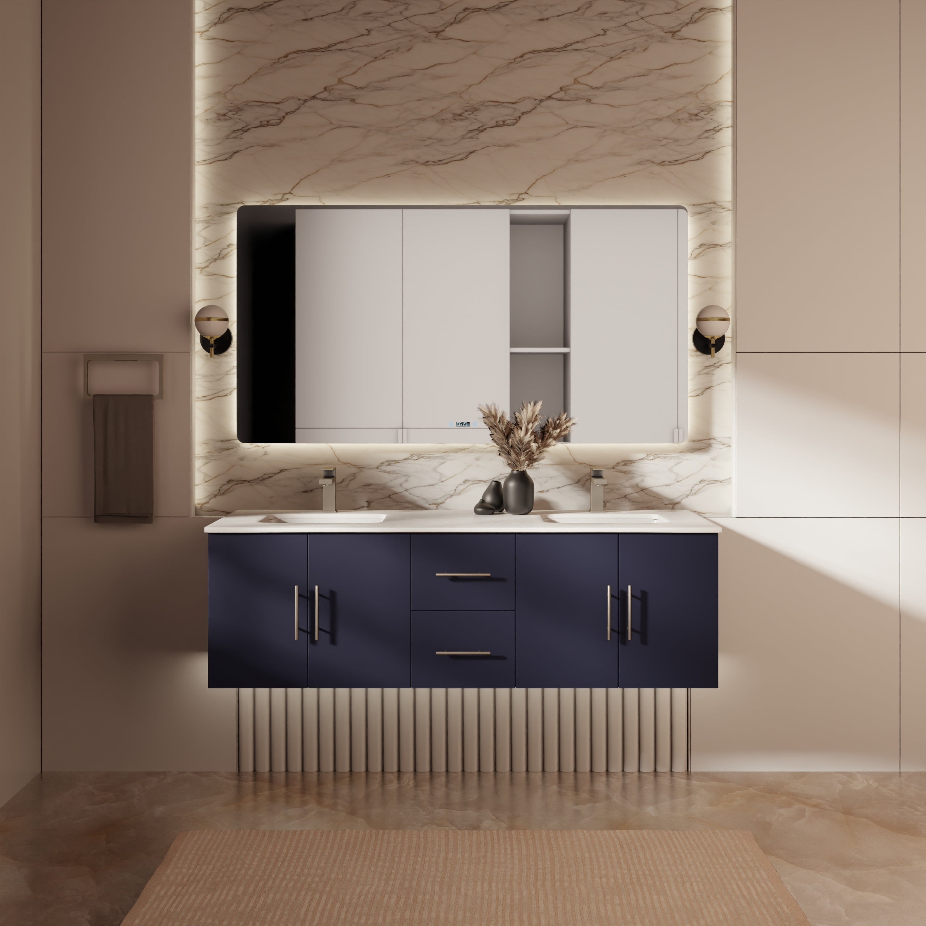 Geneva 60 in. W Navy Blue Vanity, Cultured Marble Top, Faucet Set, and ...
